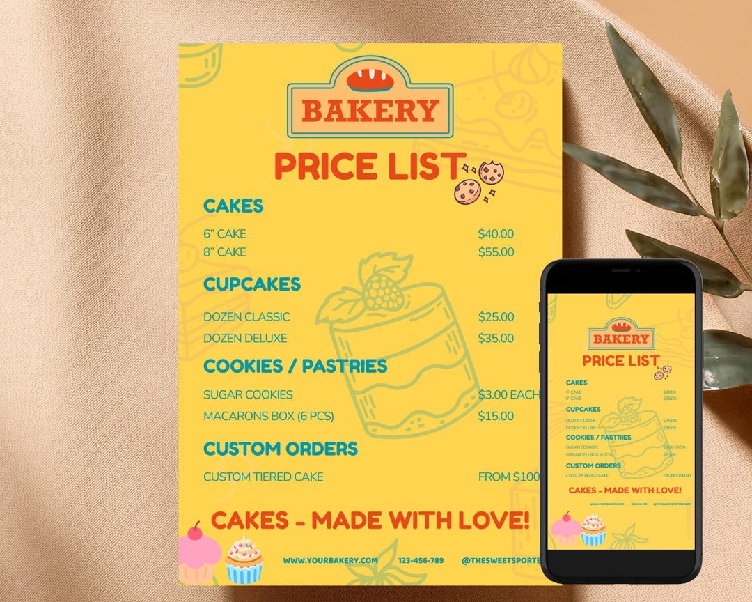 Editable Bakery Pricing Guide Template Colorful Cake Business Price ...