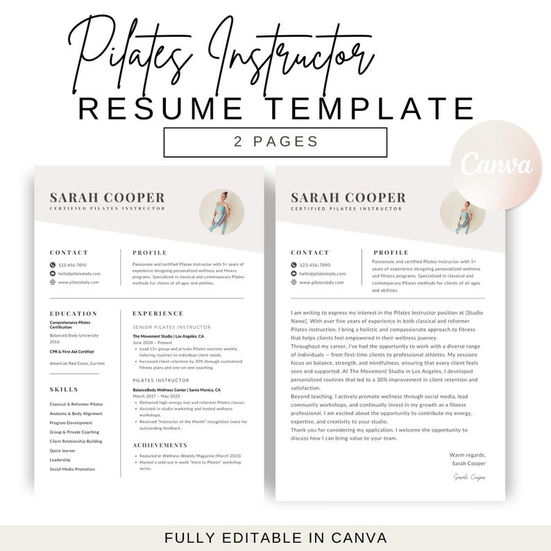 Pilates Instructor Resume Template: Modern Fitness Coach CV, Resume ...