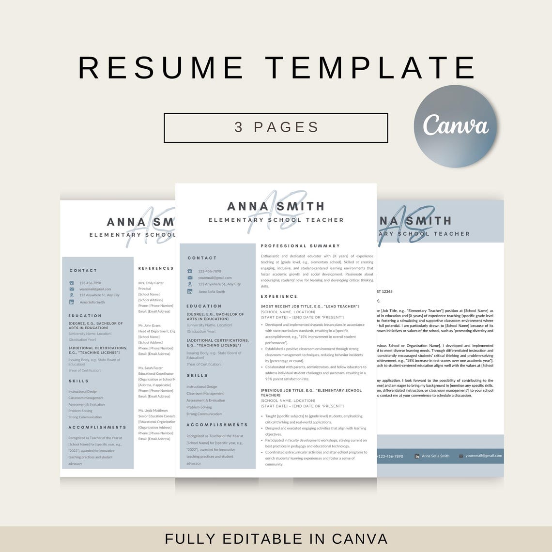 Teacher Resume Template: Modern CV, Cover Letter Elementary School ...