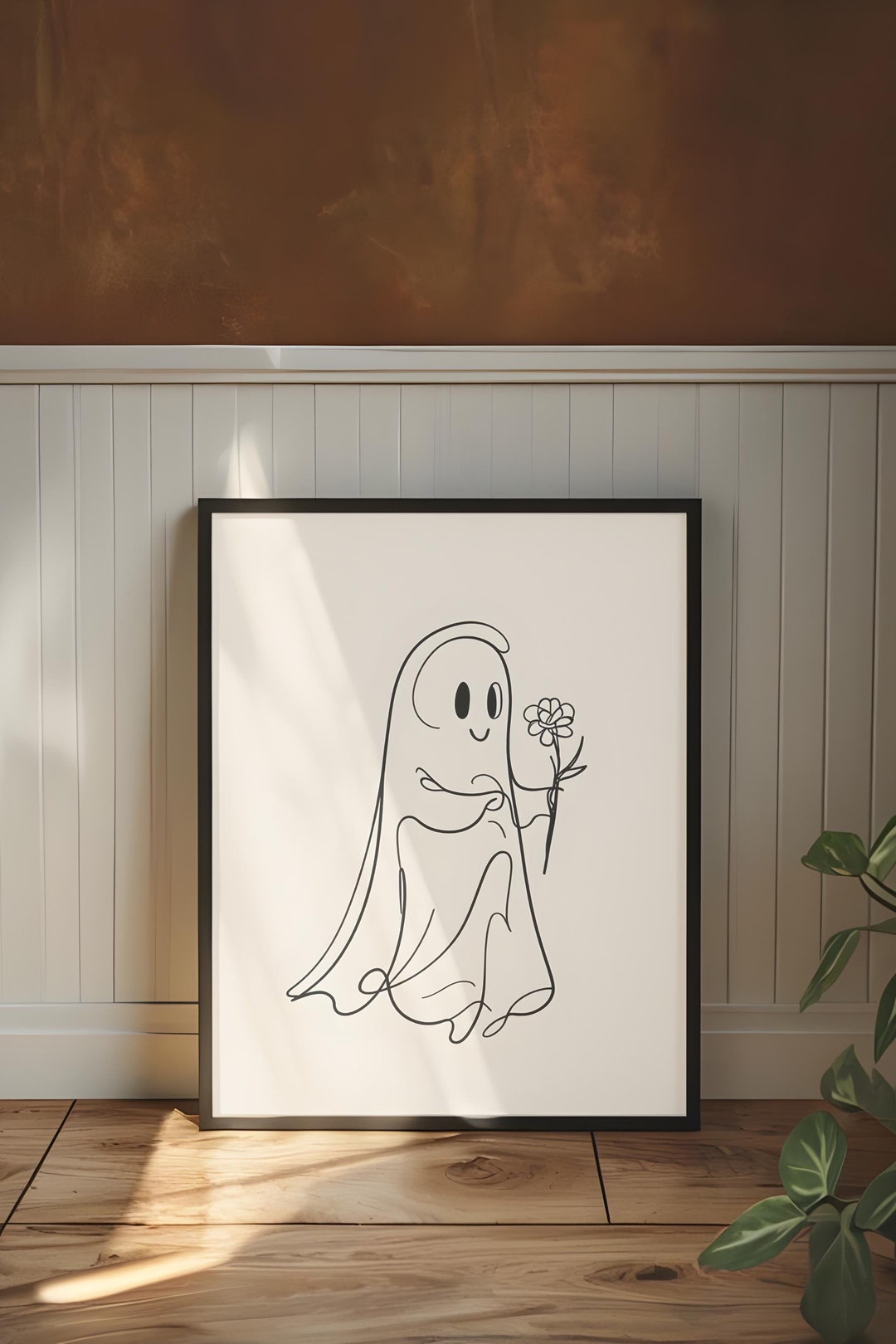 Minimalist Ghost Line Drawing Poster Happy Ghost Wall Art Halloween ...