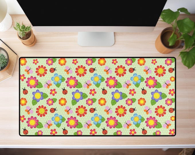 Flower and Ladybugs Desk Mat, Cute Green Mousepad, Functional Office ...