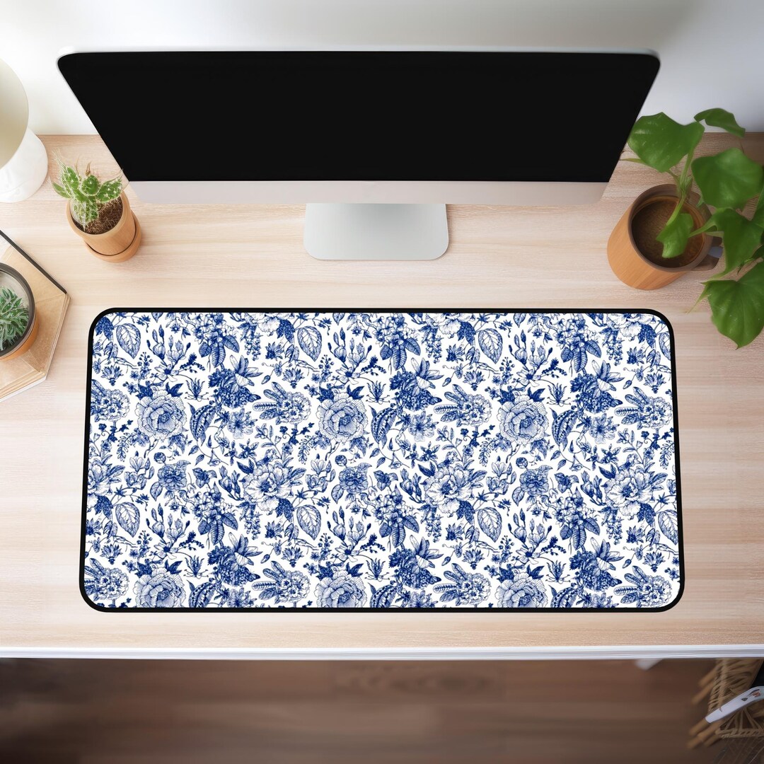 Blue Toile Floral Desk Mat, Preppy Office Desk Blotter, Chinoiserie ...