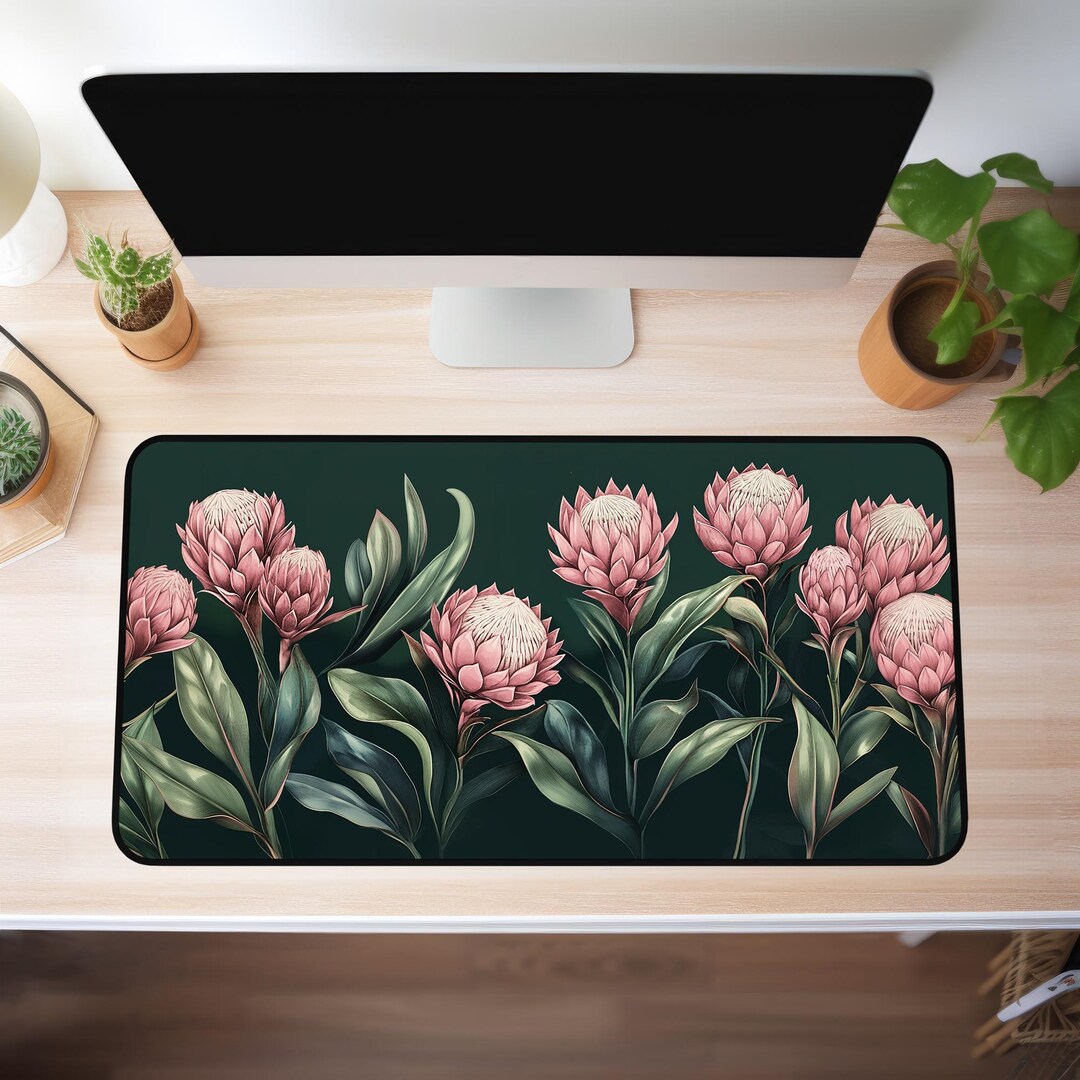 Proteas Desk Mat, XL Large Green Floral Mouse Pad, Work From Home ...