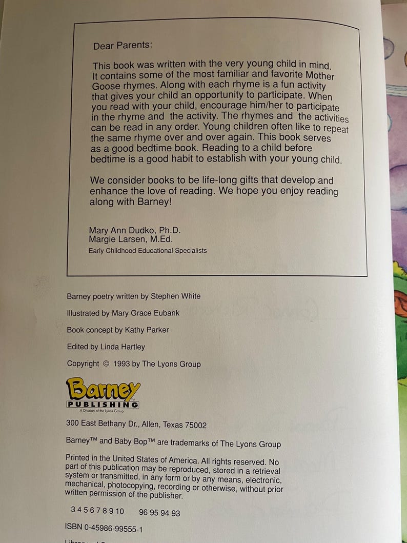 Barney’s Favorite Mother Goose Rhymes Vol. 1 Written by Stephen White ...
