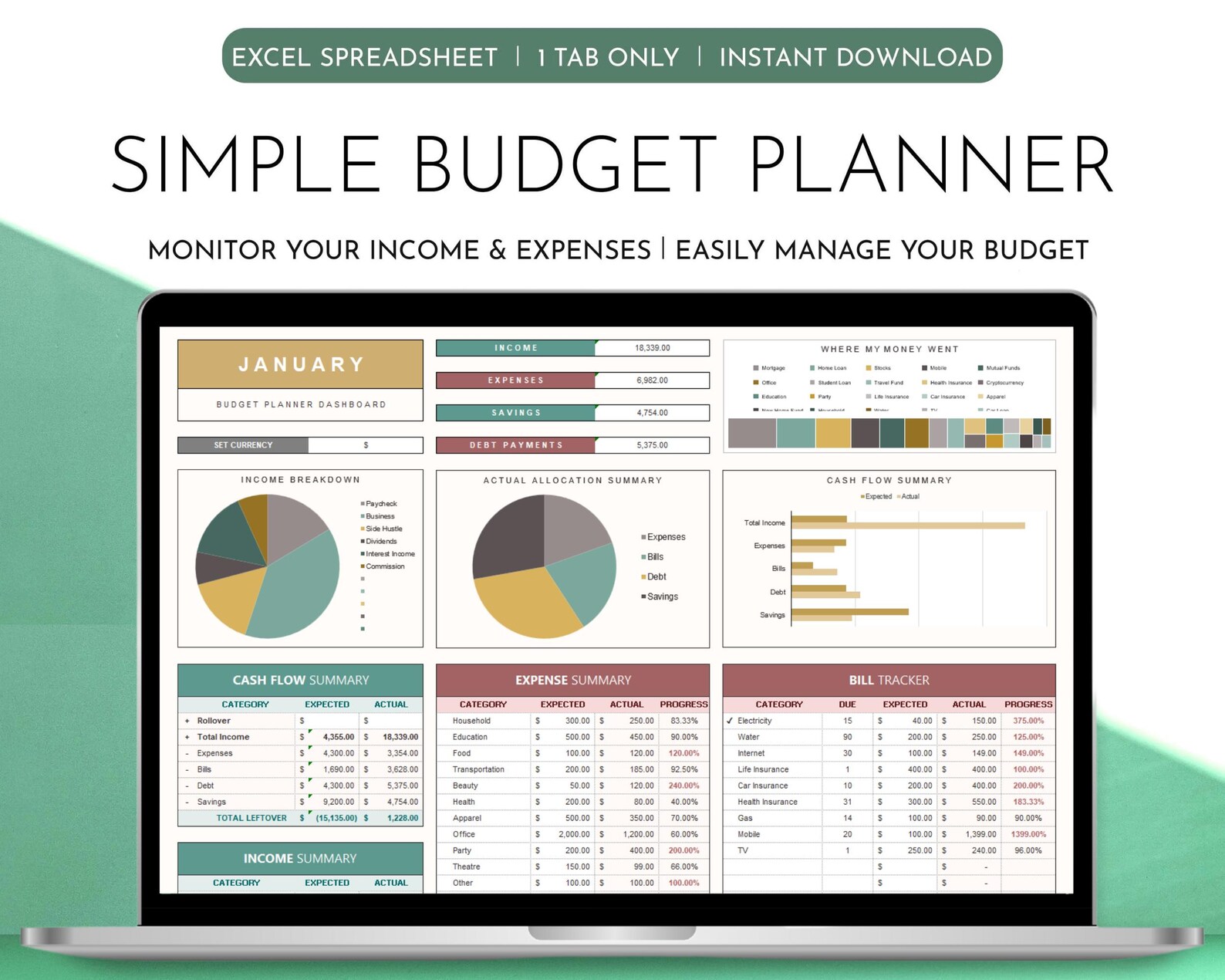 Budget Planner Excel Monthly Budget Spreadsheet Paycheck Budget Tracker ...