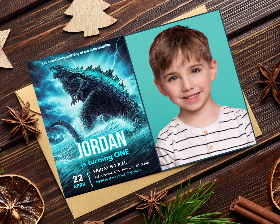 Godzilla Invitation With Photo Godzilla Boys Birthday Invitation ...