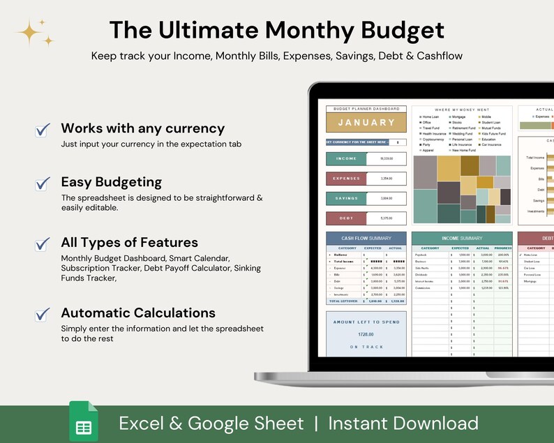 Excel Budget Template, Ultimate Monthly Budget Finance Tracker, Excel ...