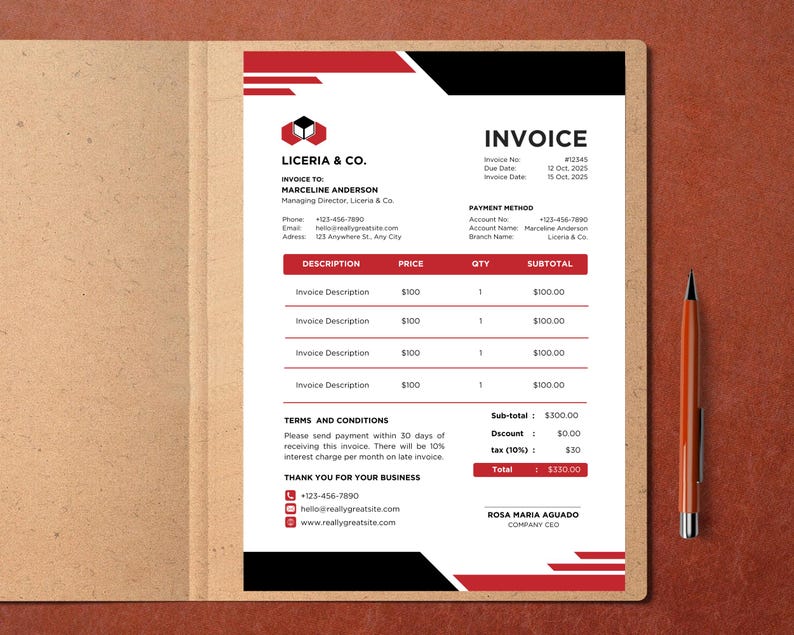Minimalist Invoice Template Word, Small Business Invoice Editable ...