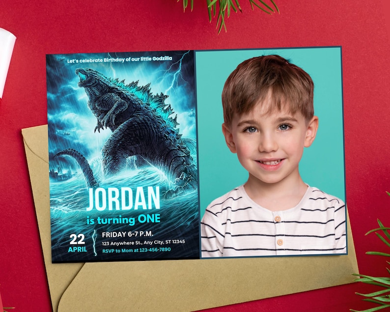 Godzilla Invitation With Photo Godzilla Boys Birthday Invitation ...