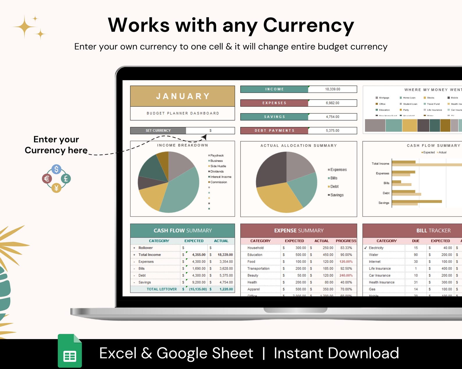 Budget Planner Excel Monthly Budget Spreadsheet Paycheck Budget Tracker ...