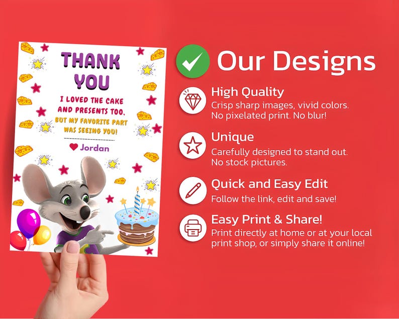 Chuck E Cheese Birthday Thank You Photo Card Chuck Gift Photo Evite ...