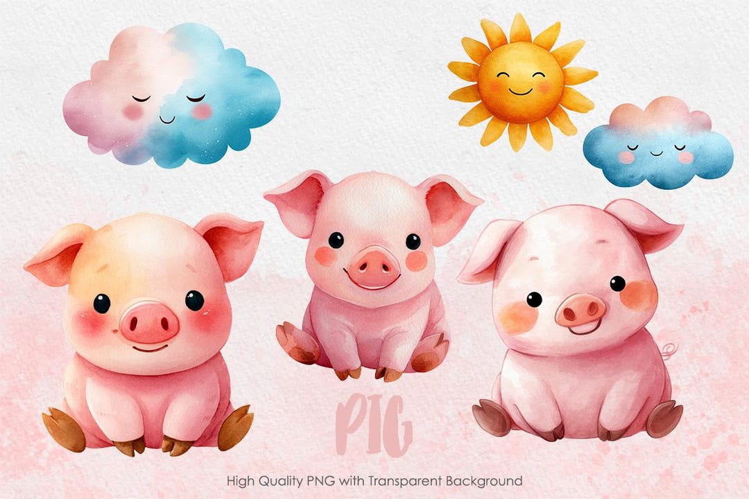 Pig Clipart PNG Bundle | Cute Watercolor Baby Pigs With Sun & Clouds ...