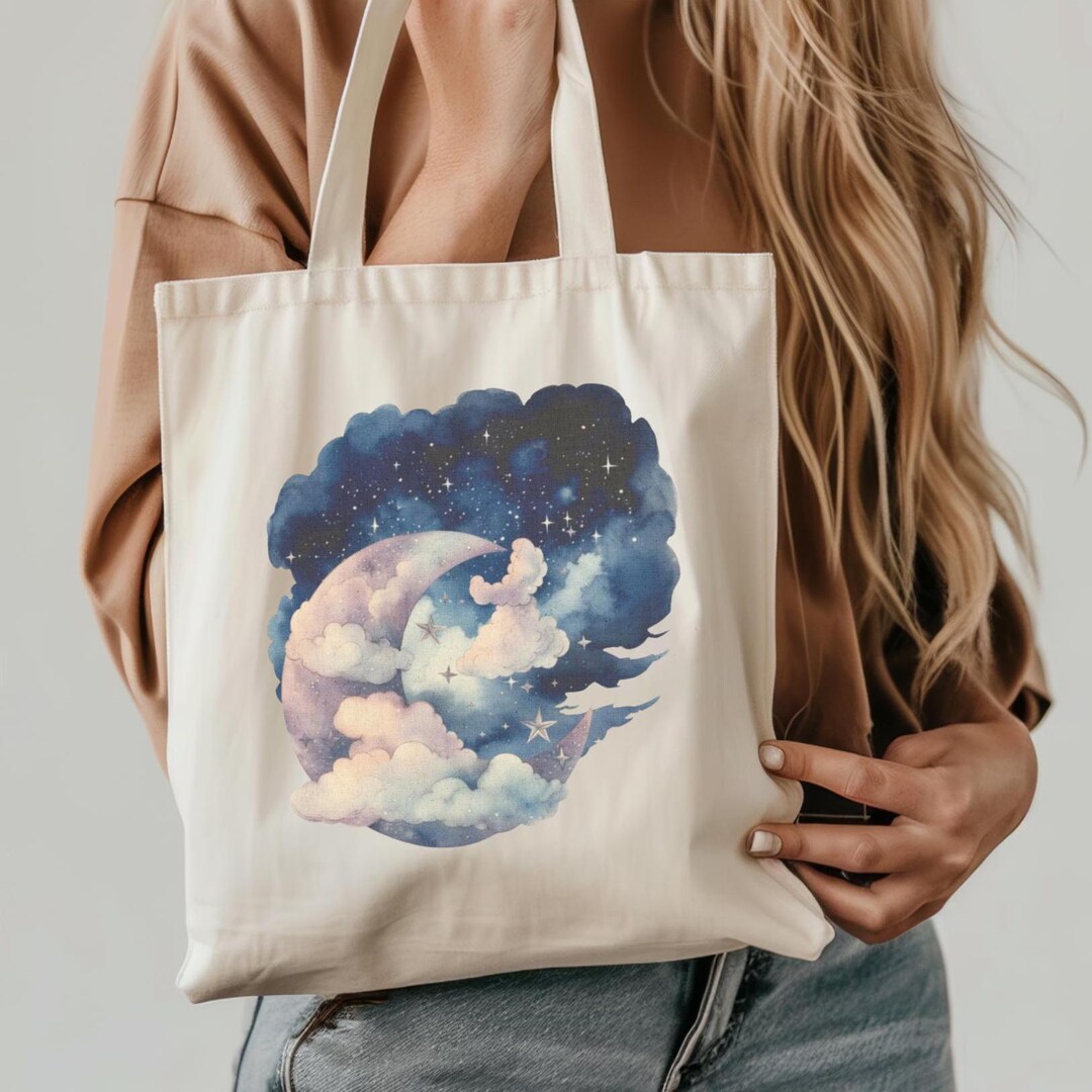 Night Sky Canvas Tote Bag, Starry Moon Grocery Bag, Reusable Shopping ...