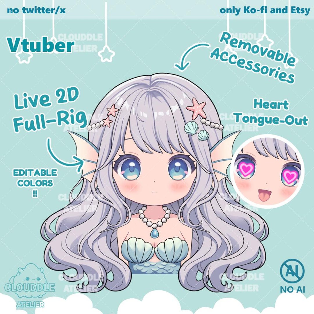 Cute Mermaid Vtuber Live2d Model / Premade / Customizable Vtuber / Full ...