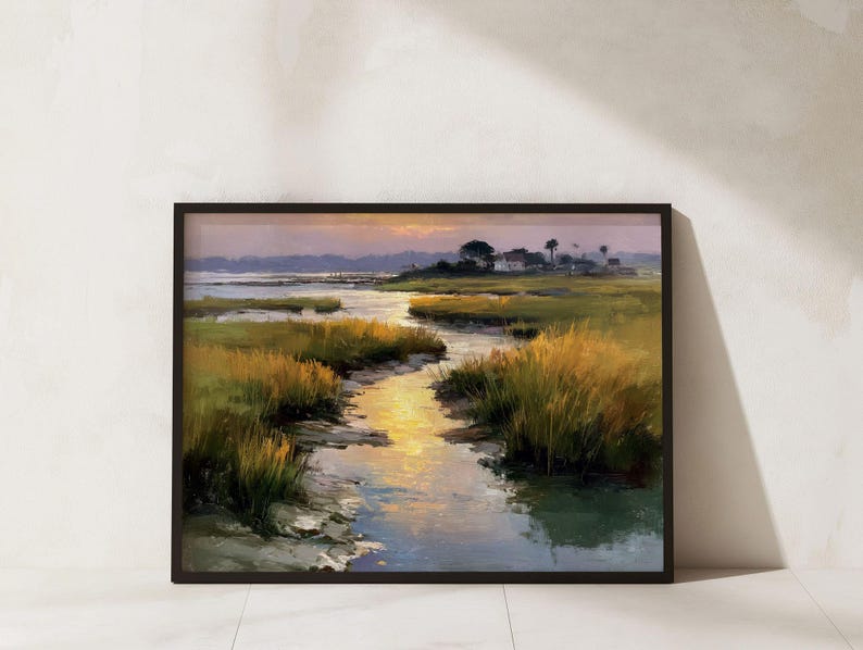 Coastal Marsh Sunset Painting – Vintage Style Landscape Art (digital ...