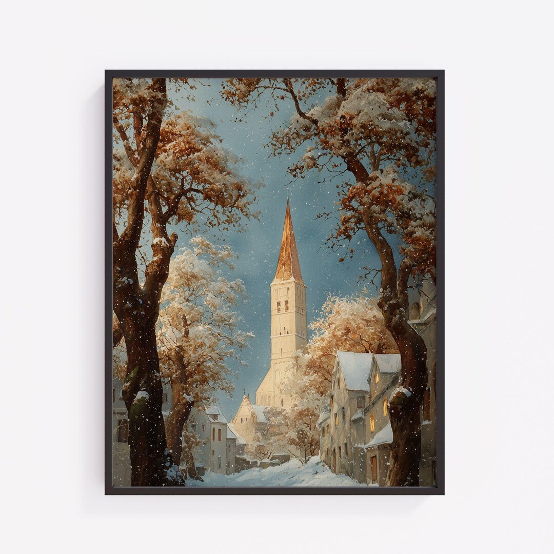 Winter Church Steeple Landscape Art Print: Rustic Cottagecore Decor ...
