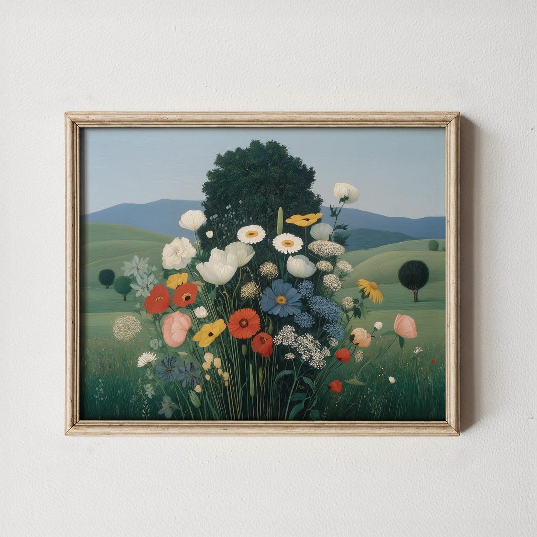 Cottagecore Meadow Wildflowers Painting - Lush Red, Coral, and Blue ...
