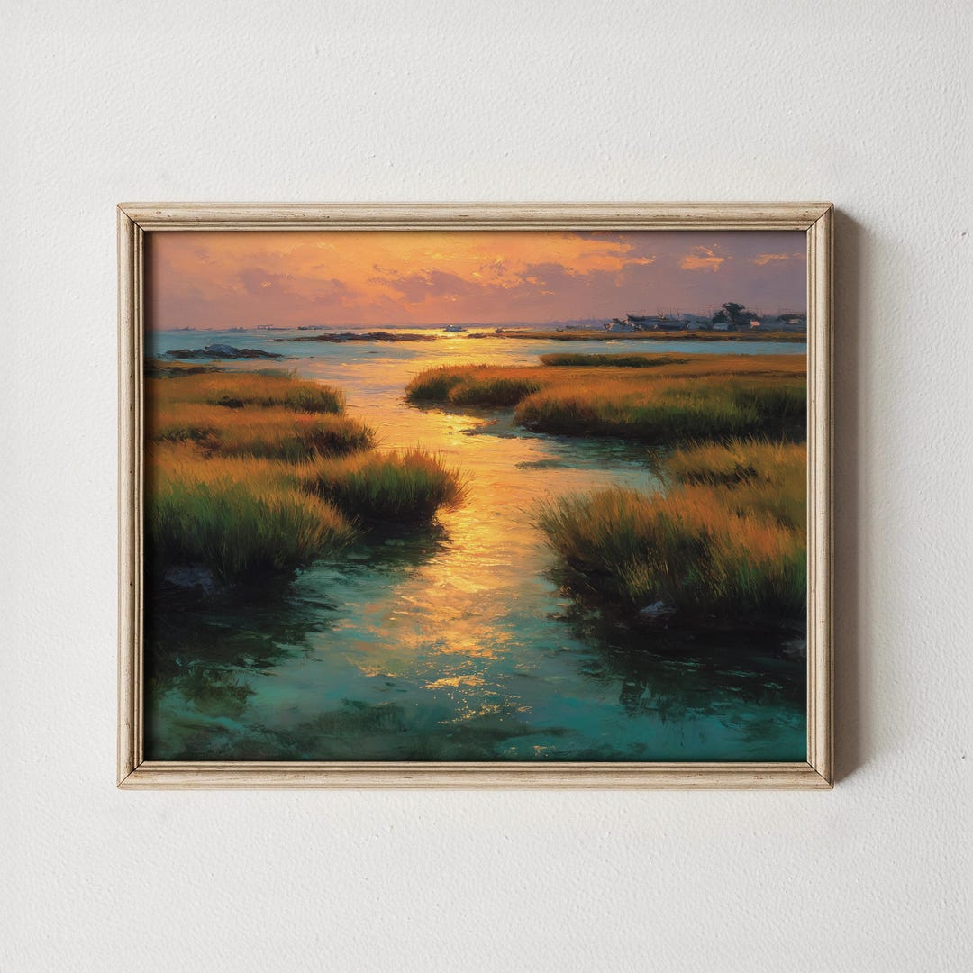 Golden-hour Coastal Marsh Landscape Painting - Rustic Sunset Scene ...
