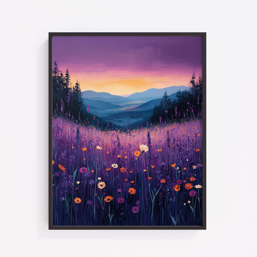 Violet Dusk Wildflower Landscape Painting, Serene Cottagecore Wall Art ...
