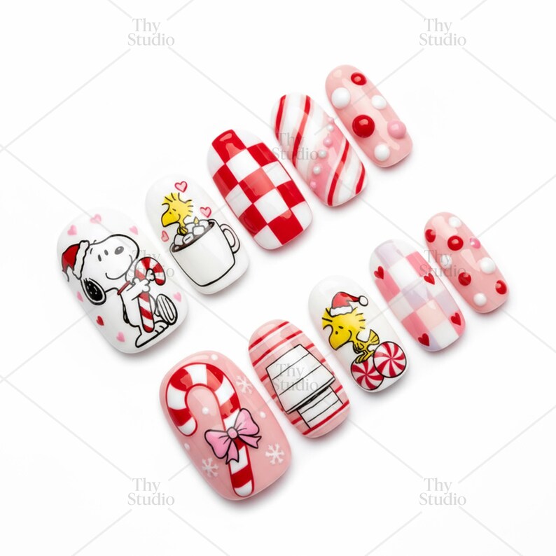 Candy Cane Snoopy Christmas Press on Nails, Cute Holiday Nail Set, Red ...