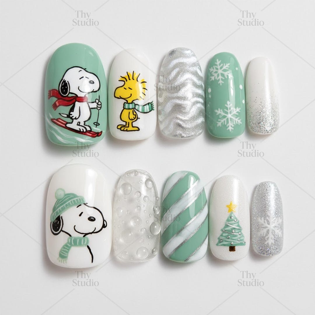 Handmade Snoopy Press on Nails, Green Silver Christmas, Winter ...