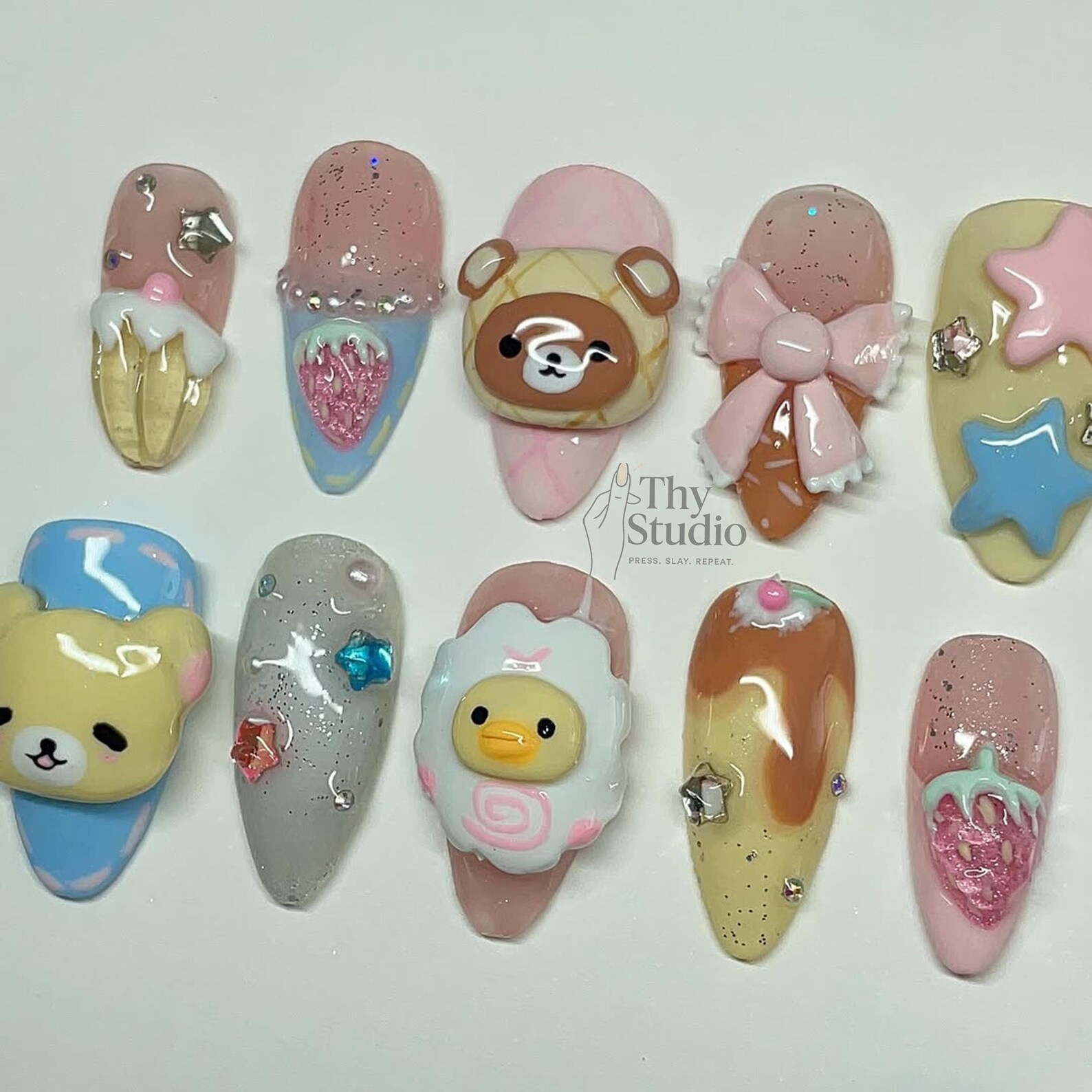 3D Kawaii Bear and Sheep Press on Nails, Cute Pink Pastel Stars and Bow ...