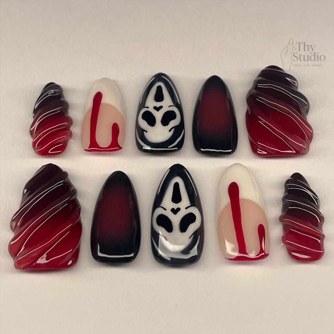 Scream Horror Press on Nails: Red Black Ombre, 3D Swirl, Goth Nail Art ...