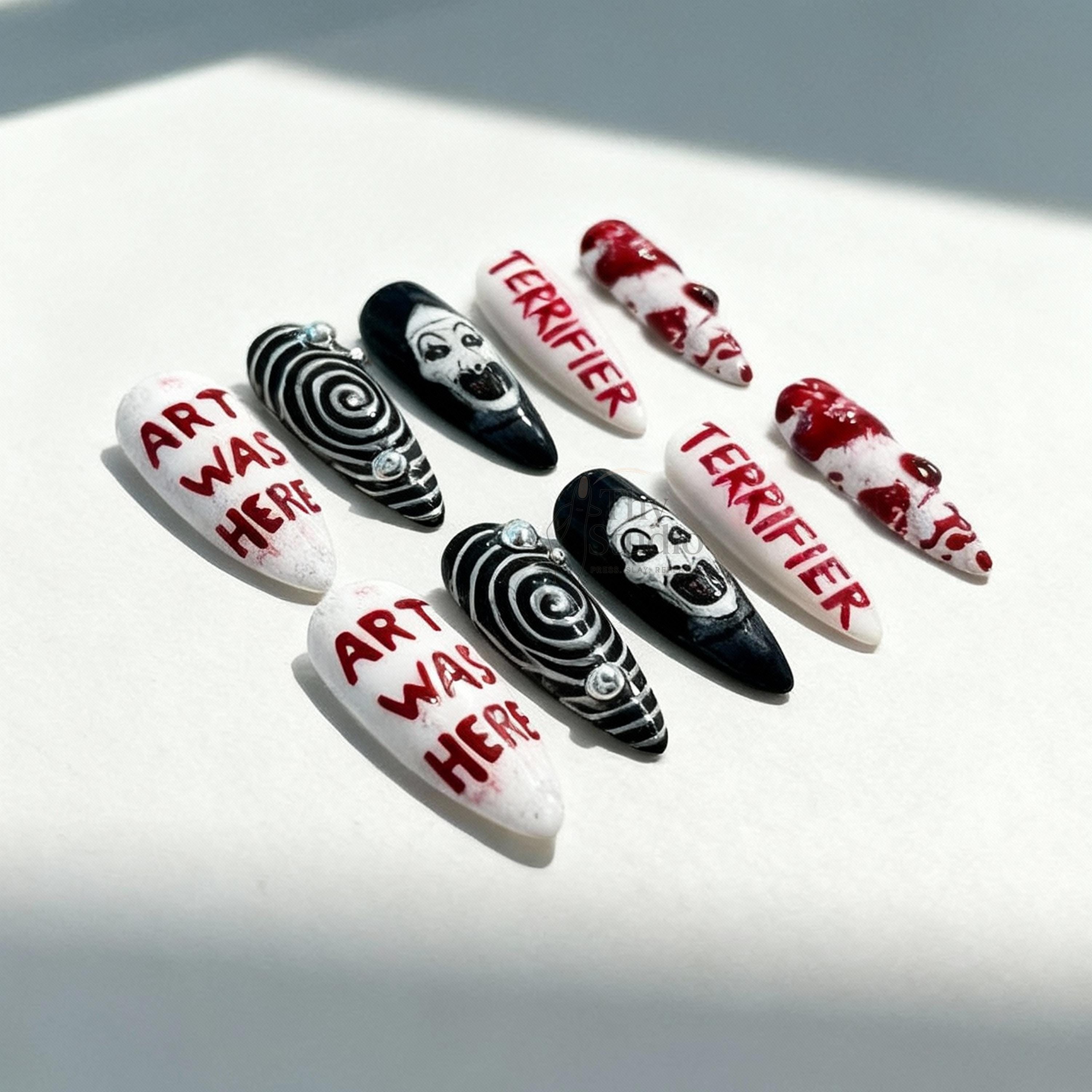 Terrifier Horror Press on Nails: Bloody Clown Art, Long Stiletto False ...