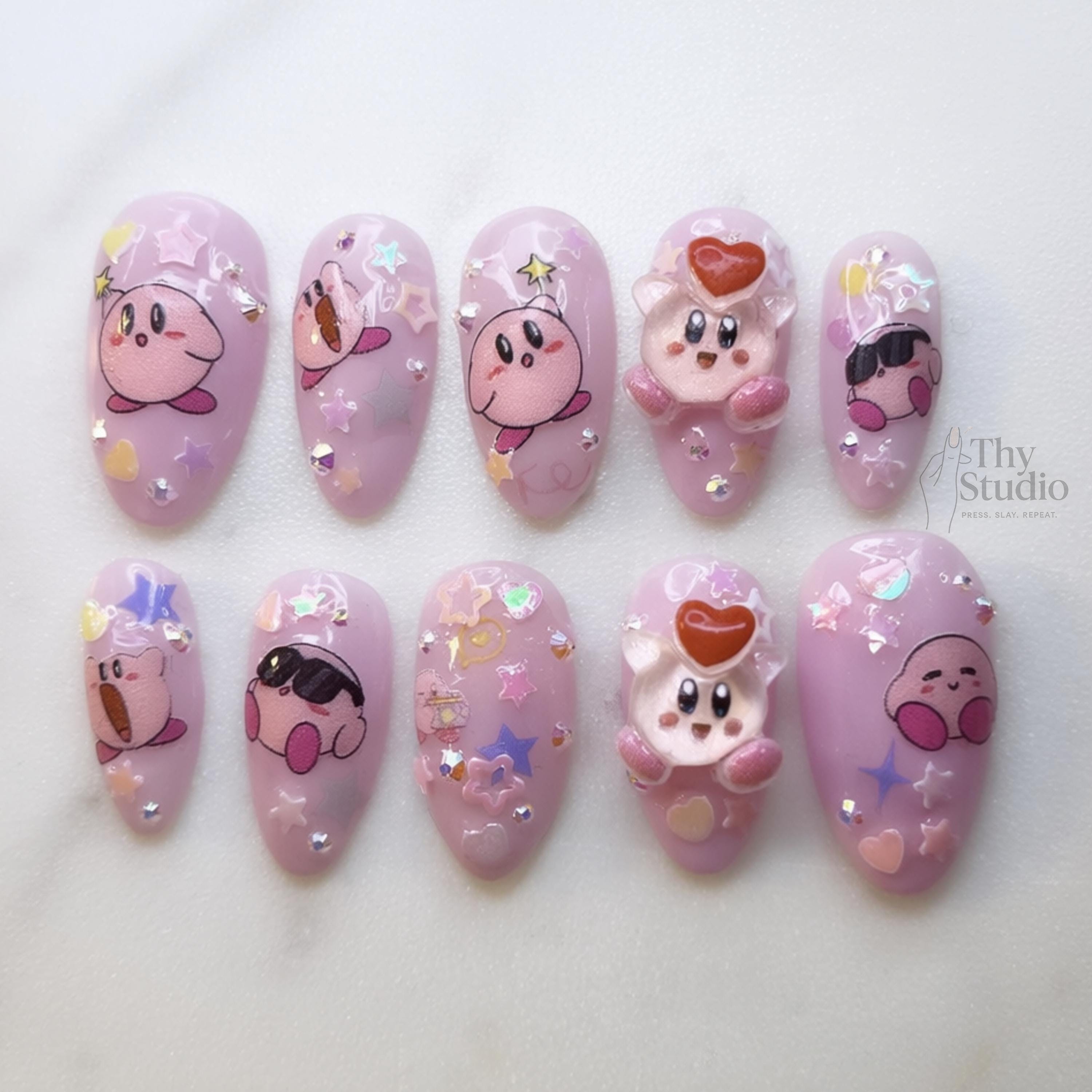 Kirby Press on Nails: Pink Glitter Star, Kawaii 3D Nail Art - Etsy