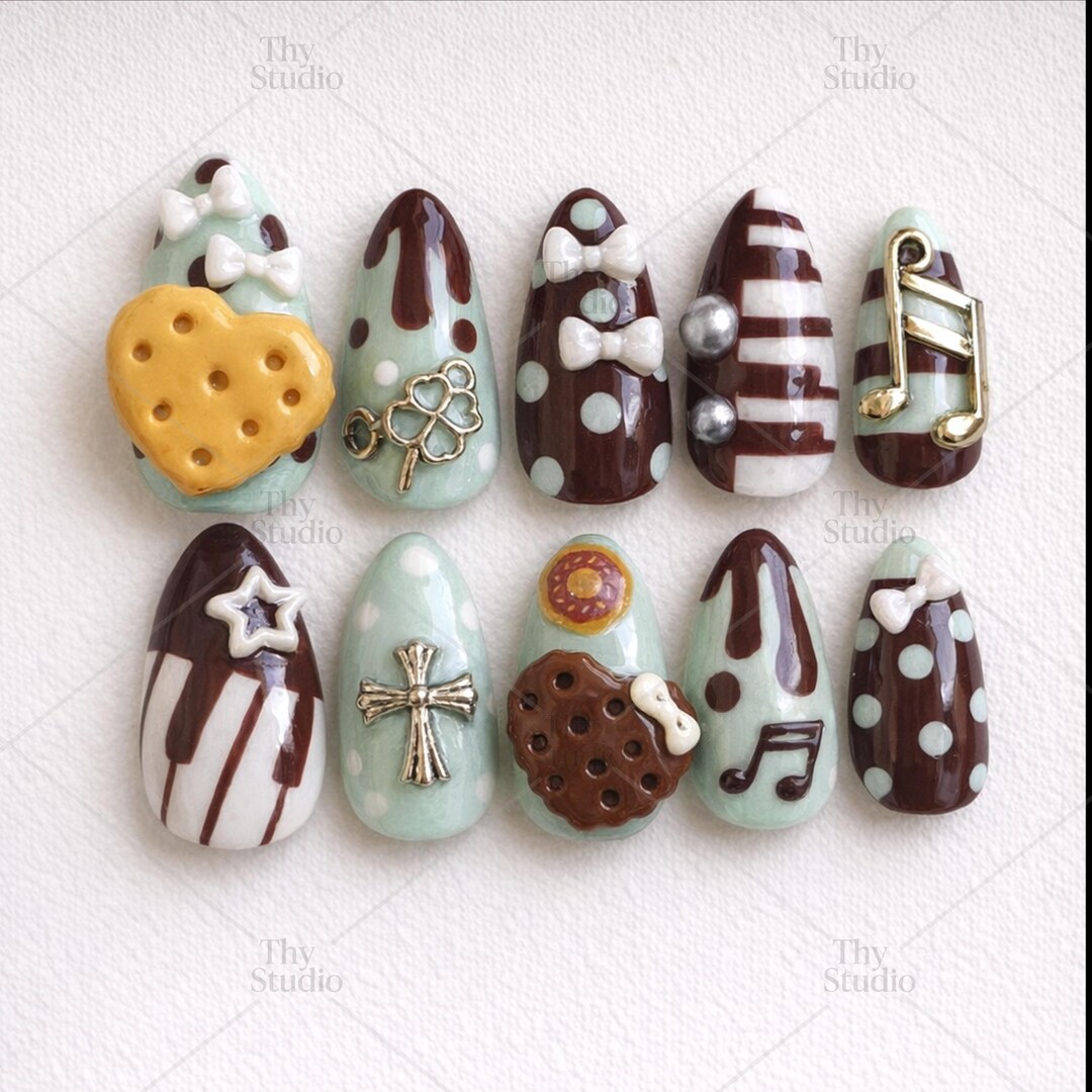 Chocolate Mint Nails, Heisei Girls Wishcore Press on Nails, Y2K Cookie ...