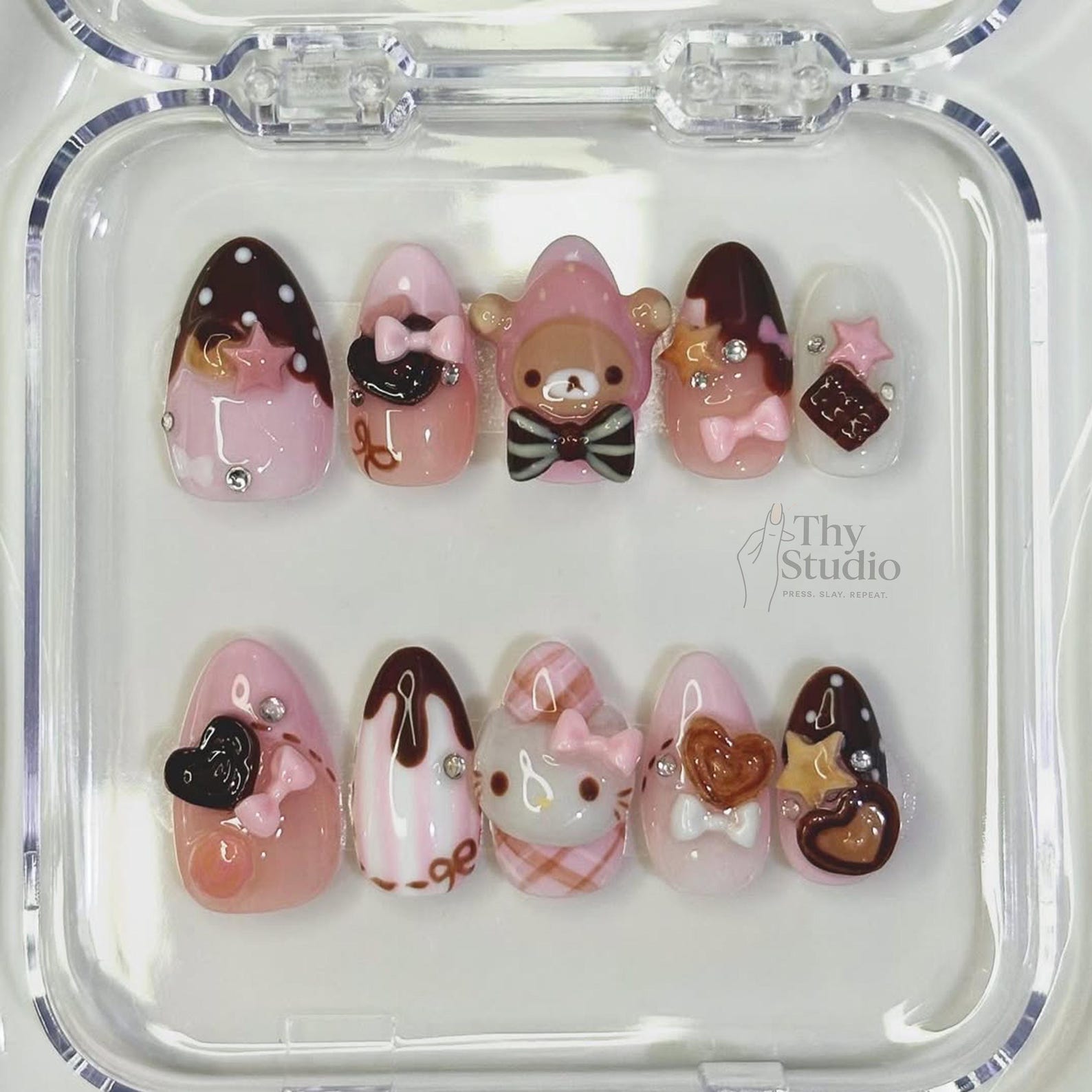 Rilakkuma Press on Nails: Pink Chocolate 3D Bear, Candy Bows - Etsy