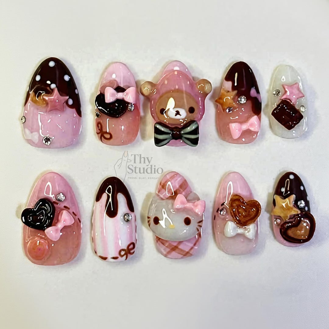 Rilakkuma Press on Nails: Pink Chocolate 3D Bear, Candy Bows - Etsy