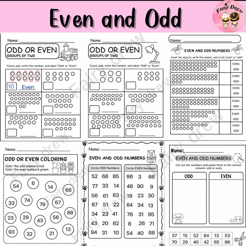 Even and Odd Numbers Worksheets: Kindergarten & 1st Grade (PDF) - Etsy