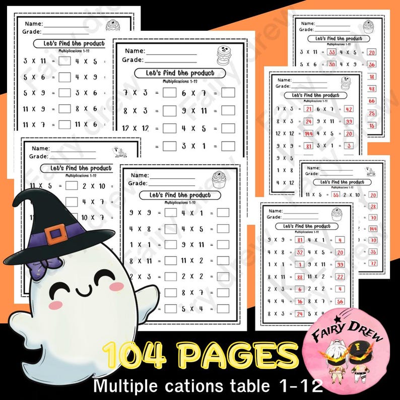 Halloween Multiplication Worksheets: Math Tables 1-12 (PDF) - Etsy