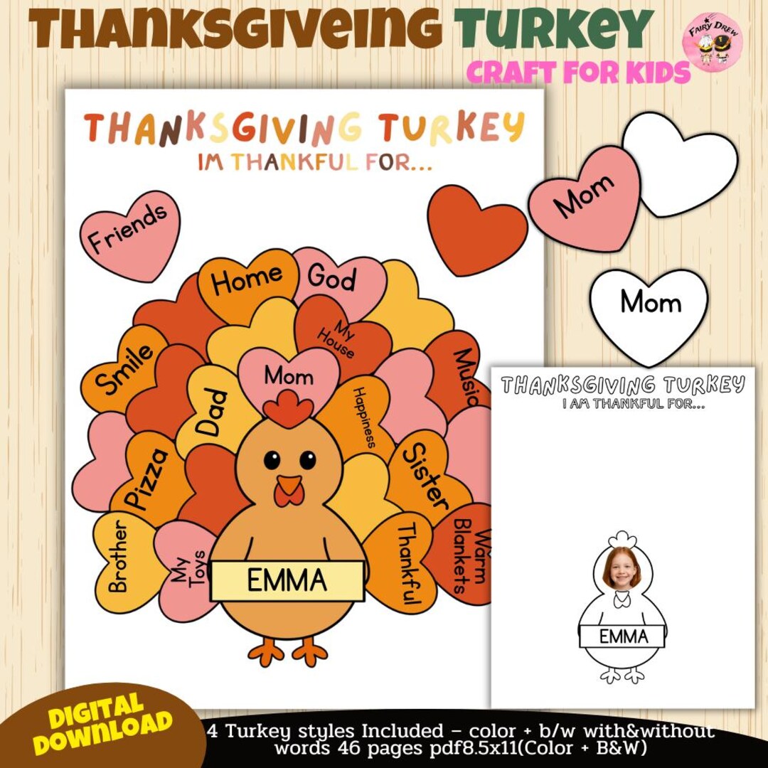 Thanksgiving Turkey Craft for Kids | Thankful Hearts Activity | Pdf - Etsy