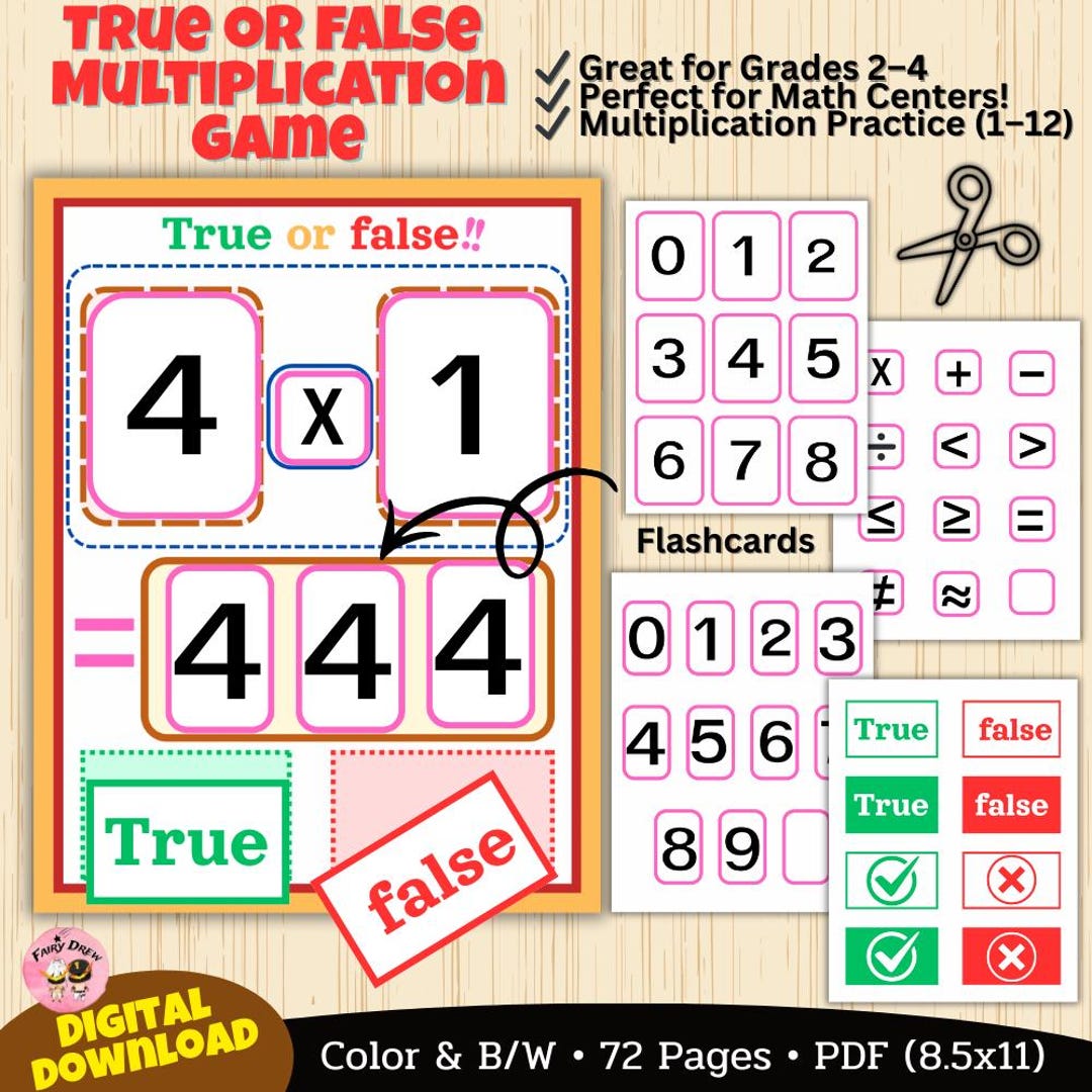 True or False Math Game | Multiplication 1–12 | Flashcards, Worksheets ...