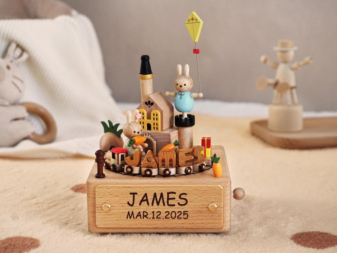 Bunny Wooden Music Box With Name on the Train, Custom Baby Gift, ,baby ...