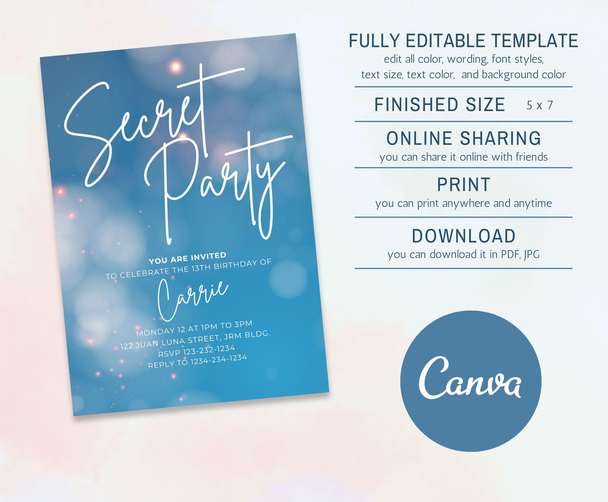 Sparkle & Secrets: Glam Party Invitation Fully Editable in Canva ...