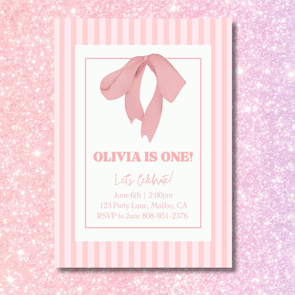 Pink Bow Birthday Invitation Digital Printable Template First Birthday ...