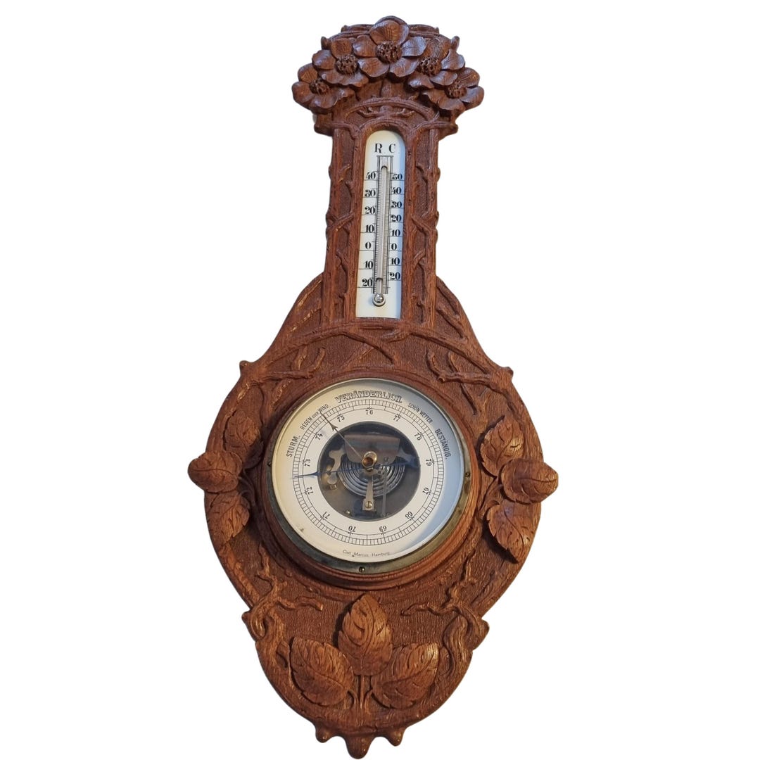 Mid-century Wall Barometer – Hand-carved Wood, Carl Marcus Hamburg ...