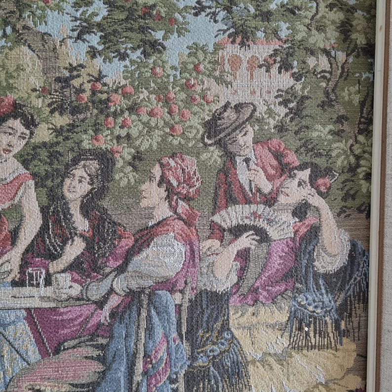 Vintage Framed Tapestry of Victorian Scene With Floral Details ...