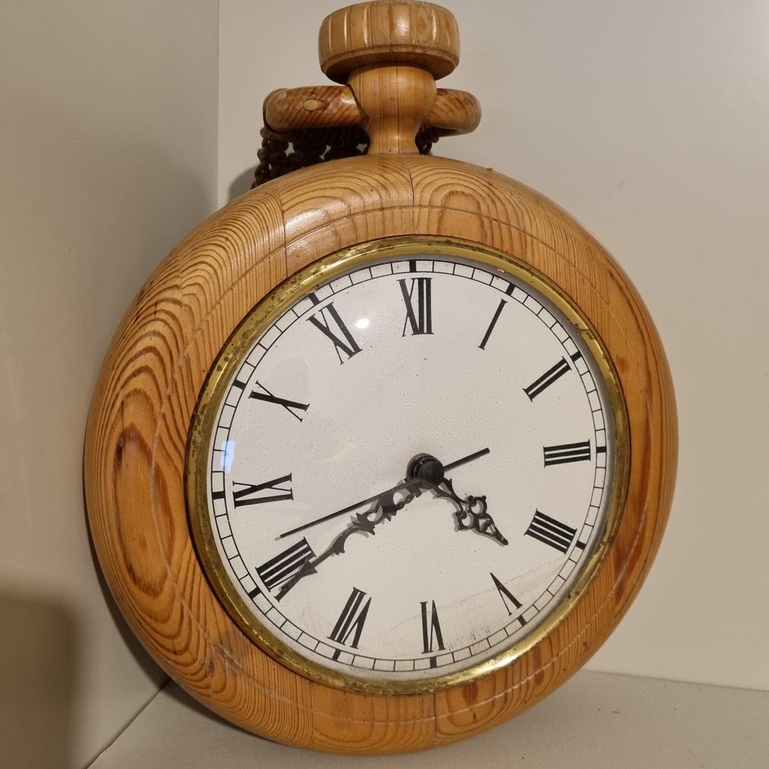 Pocket Watch Wooden Wall Clock Handmade Rustic Decor With Macrame Hanger, 1970s Scandinavian ...