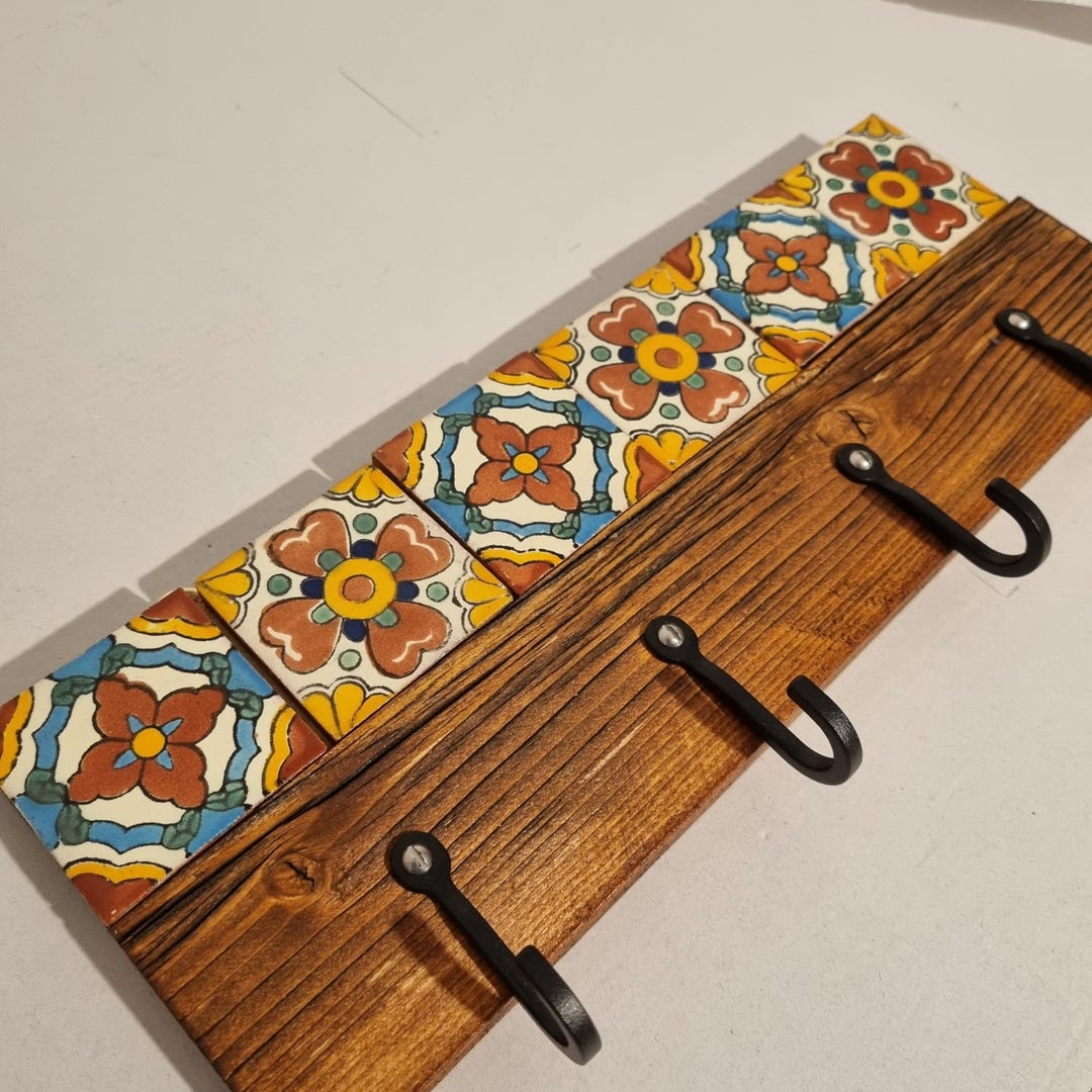 Wood Key Holder, Reclaimed Wood Key Holder With Authentic Mexican Tiles ...