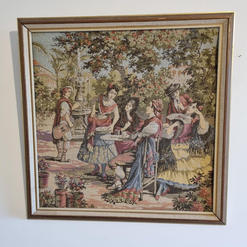 Vintage Framed Tapestry of Victorian Scene With Floral Details ...