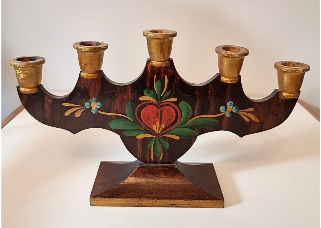 Swedish Folk Art Candle Holder – Hand Painted Allmoge Style Wood ...
