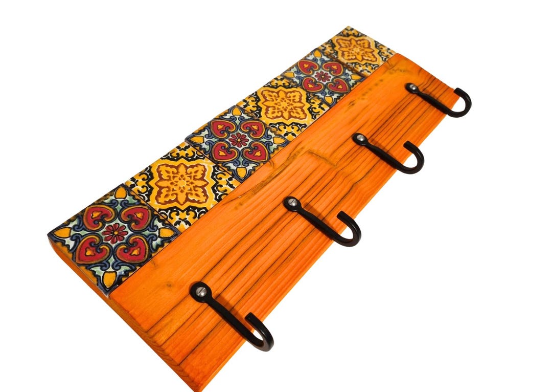 Rustic Reclaimed Wood Key Holder With Authentic Mexican Tiles ...
