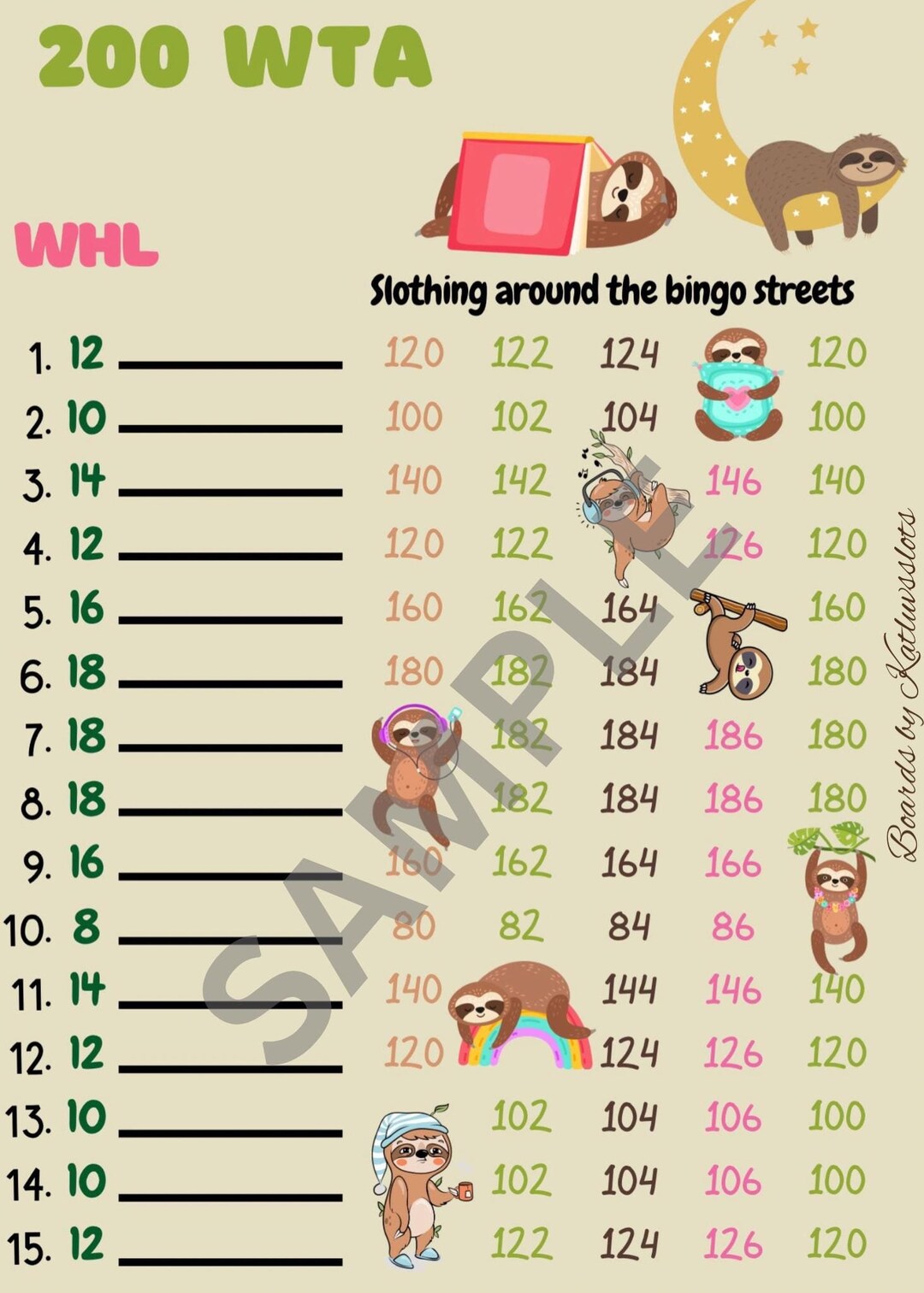 200 WTA Cute Sloth Bingo/bno Board - Etsy