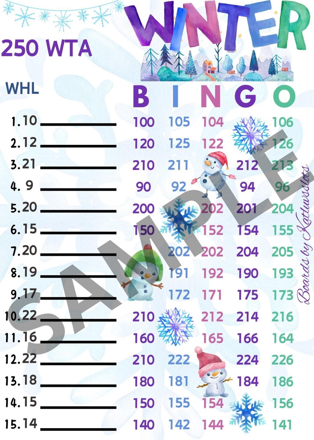 250 WTA Winter Snowman Themed Bingo/bno Board - Etsy