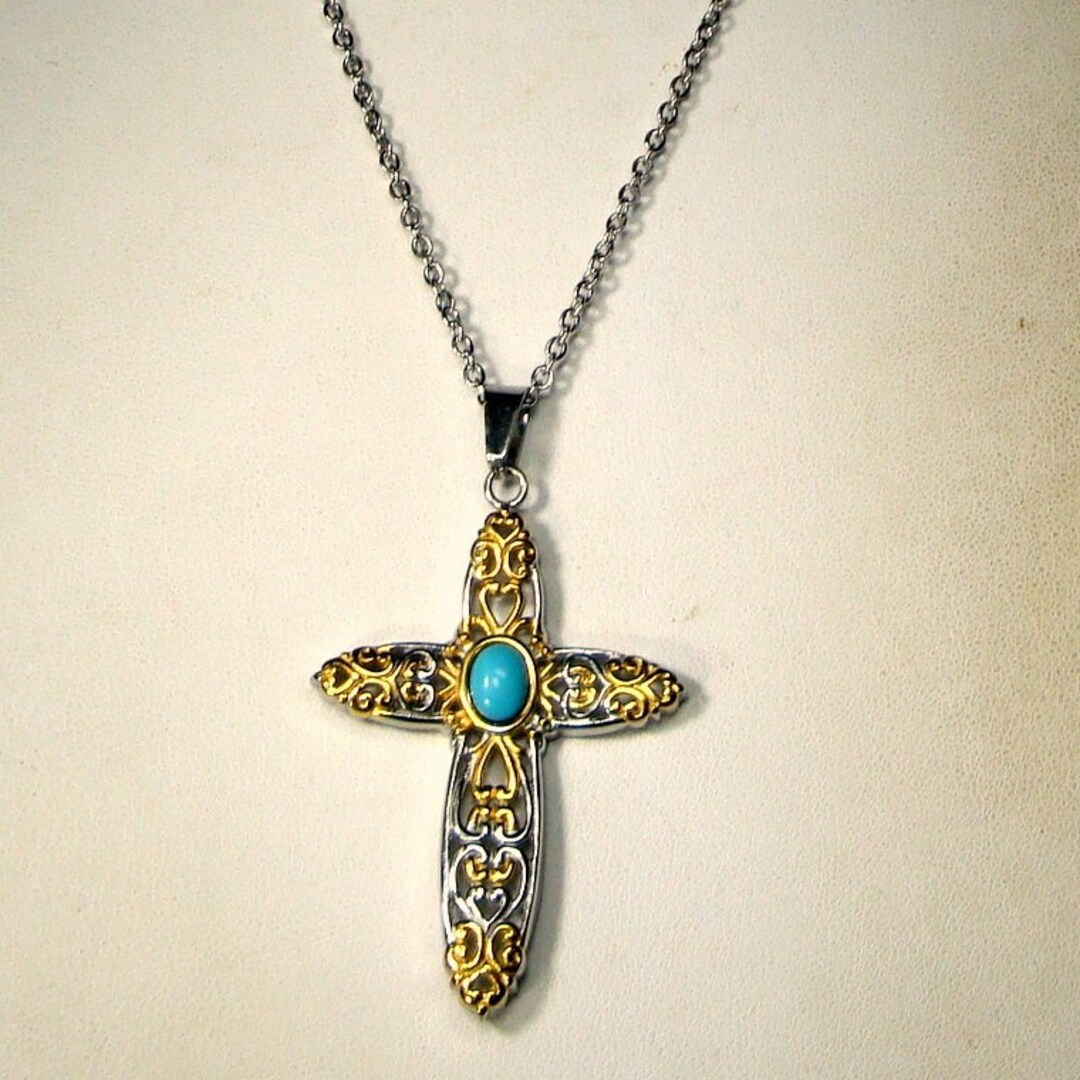 Filigree Silver & Gold Christian Cross W Center Turquoise Cabochon on ...
