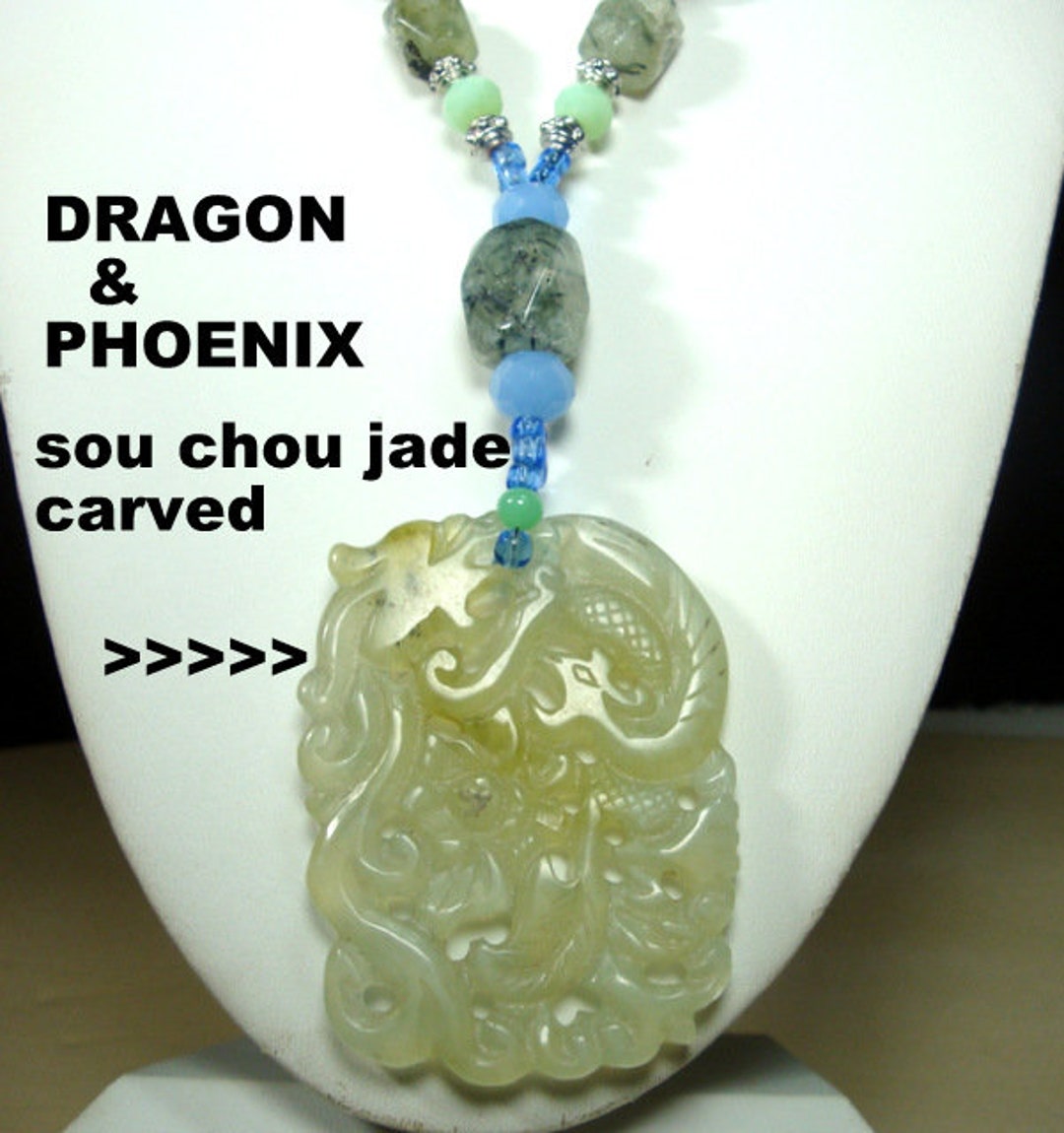 JADE Dragon & Phoenix Carved Gemstone Pendant on Oval Far East Mottled ...